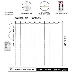 echosari Battery Operated Curtain String Lights, 6.6×6.6ft 200 LED Curtain Lights with Remote 8 Modes Timer Waterproof for Outdoor Indoor Wedding Backdrops Bedroom (Cool White)