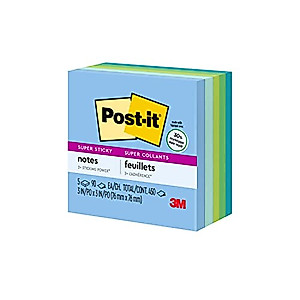 Post-it Super Sticky Recycled Notes, 3x3 in, 5 Pads, 2x the Sticking Power, Poptimistic, Bright Colors, 30% Recycled Paper (654-5SST)