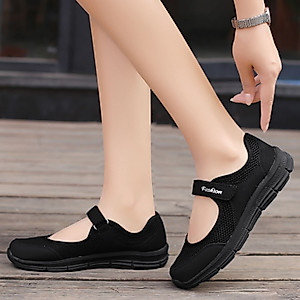 YESBOR Women's Mary Jane Flat Shoes Ankle Strap Mesh Nurse Walking Sneakers Black 9
