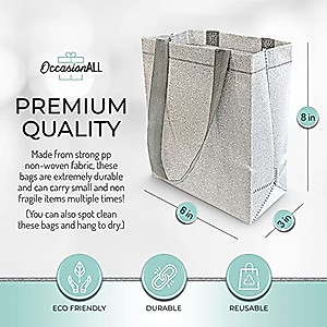 Silver Gift Bags - 12 Pack Small Silver Reusable Gift Bag Tote with Handles, Glitter Metallic Bling Shimmer, Eco Friendly for Kids Birthdays, Bridesmaids, Party Favors, Grocery Shopping - 6x3x8