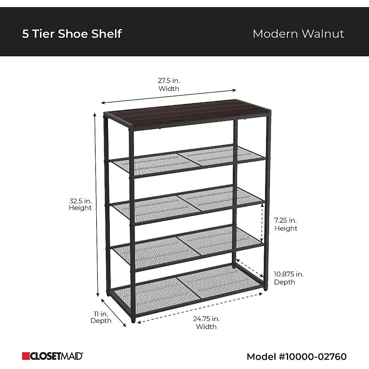 ClosetMaid 5-Tier Shoe Rack, Storage Organizer, with Wood Top Shelf, 4 Metal Mesh Shelves, for 15 Pairs of Shoes, Modern Walnut/Black