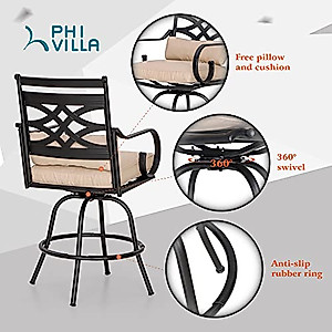 PHI VILLA Outdoor Swivel Bar Stools Set of 2, Metal Tall Patio Bar Height Chairs, Strong and Heavy Duty Outdoor Counter Height Bar Stools with Cushion and Pillow, Max Load Bearing up to 300 Lbs