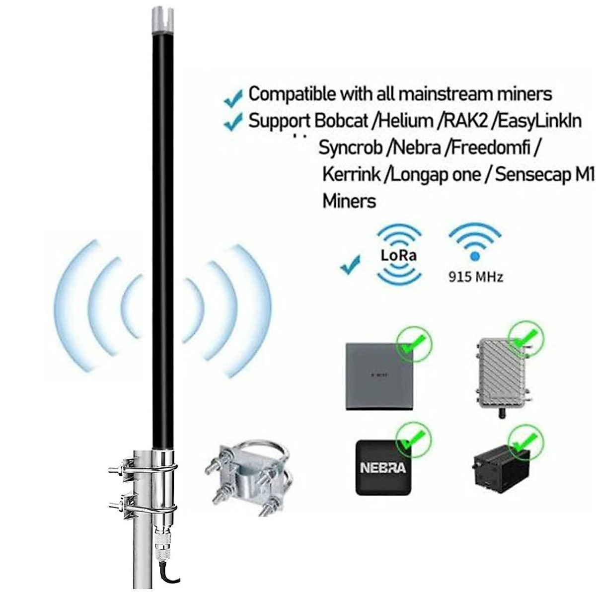 10dBi Outdoor for LoRa Gateway 915MHz Antenna Omni Directional Fiberglass Antenna WiFi N Tyle Male Glass Mount Antennas for LoRa Helium HNT Mining (or Anything Else 900-950Mhz) Brackets Included