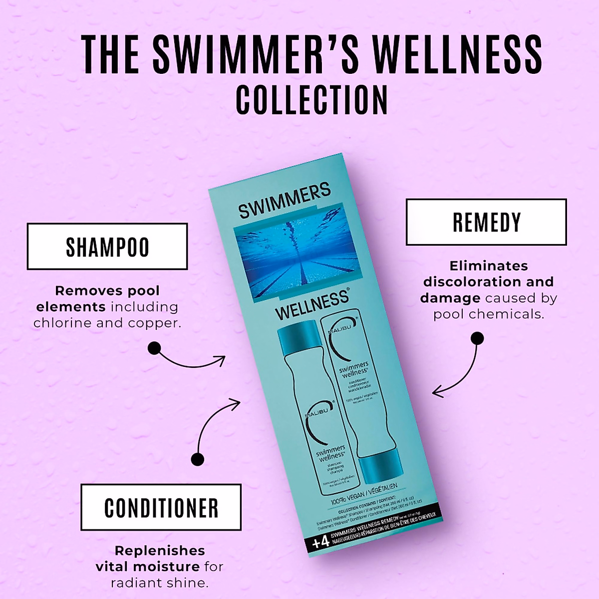 Malibu C Swimmers Wellness Conditioner - Moisturizing Conditioner for Swimmers to Combat Dry, Brittle Hair - Restores Texture Affected by Pool Elements - Sulfate Free Hair Care (9 oz)