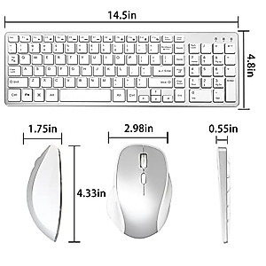 Wireless Keyboard and Mouse Combo Rechargeable USB Cordless Slim Compact Keyboard with Numeric Keypad and Ergonomic Silent Computer Mouse Set for Windows,PC,Laptop,MacBook,Chromebook-Silver White