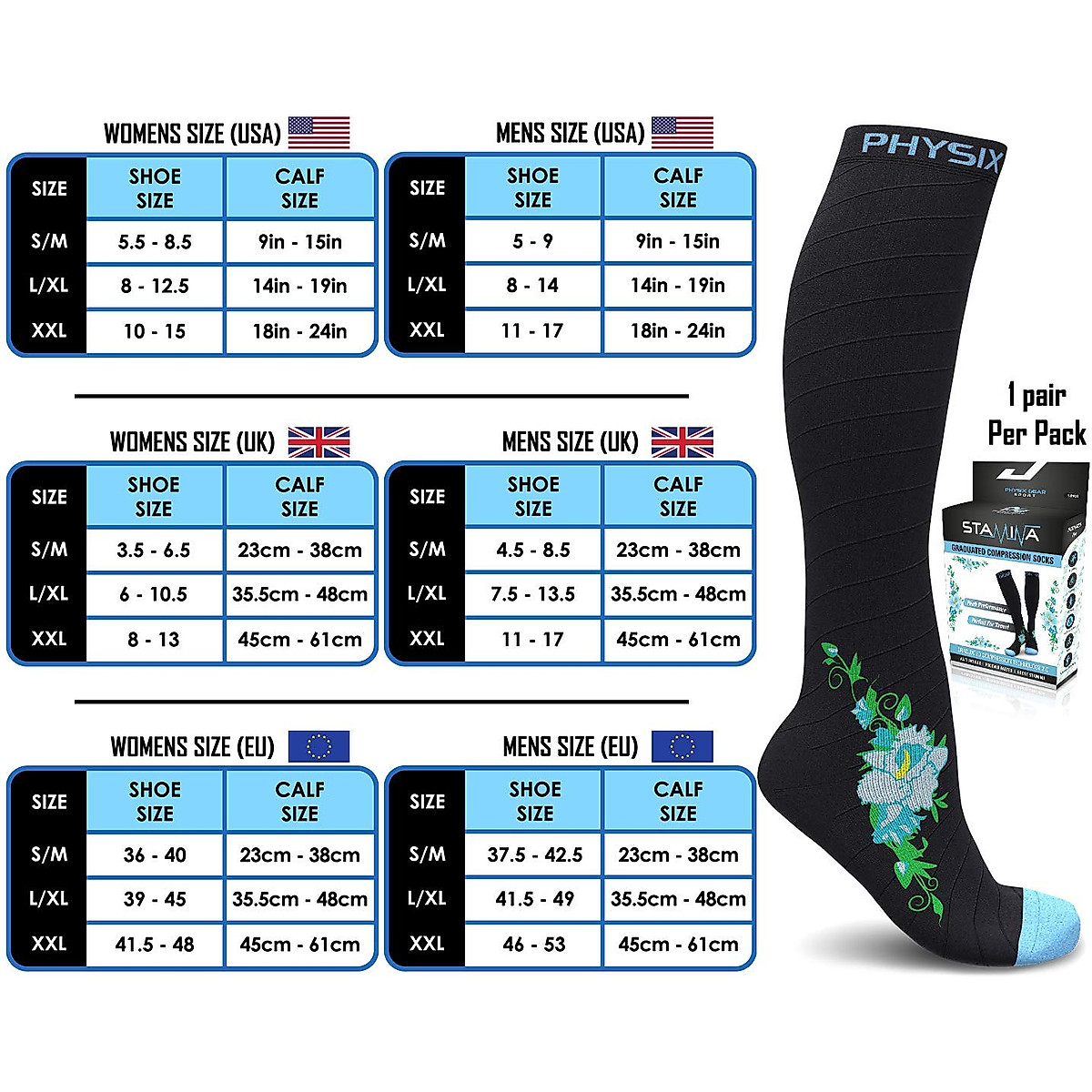 Physix Gear Compression Socks 20-30 mmHg - Men & Women - Running, Nurses, Shin Splints, Flight, Travel (BLACK / BLUE FLOWER-S/M)