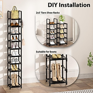 LUKYTOWER Tall Shoe Rack Narrow 10Tier Shoe Racks Organizer for Closet 10-15Pairs, Storage Rack for Shoes with 5Hooks, Sturdy Metal Shoe Shelf, Vertical Skinny Shoe Stand for Small Space
