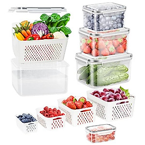 Elwichen 5 Pack Fruit Storage Containers for Fridge with Removable Colander, Produce Containers BPA-free Fridge Organizer to Keep Berry Lettuce Vegetable Fresh, Dishwasher & Microwave Safe