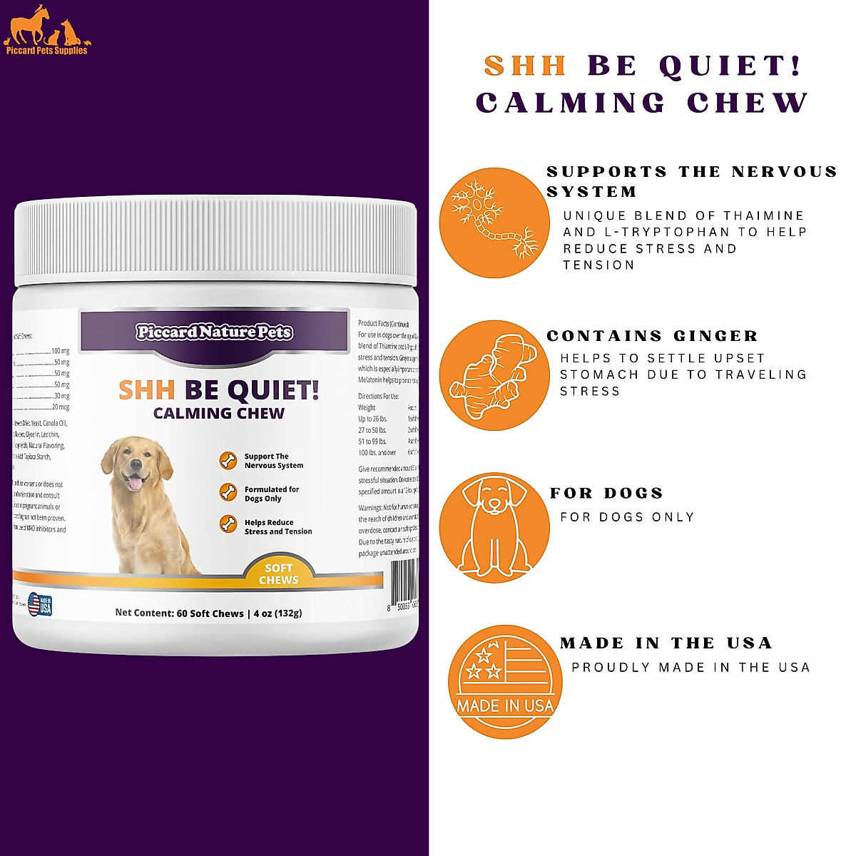 PiccardNaturePets Shh Be Quiet Calming Aid Dog Supplement 60 Soft Chews