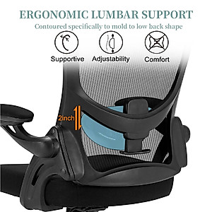 Ergonomic Mesh Office Chair, Comfy Desk Chair with Flip up Armrests, Swivel Computer Desk Chair with Adjustable Lumbar Support and Height for Home Office, 300 lbs Capacity
