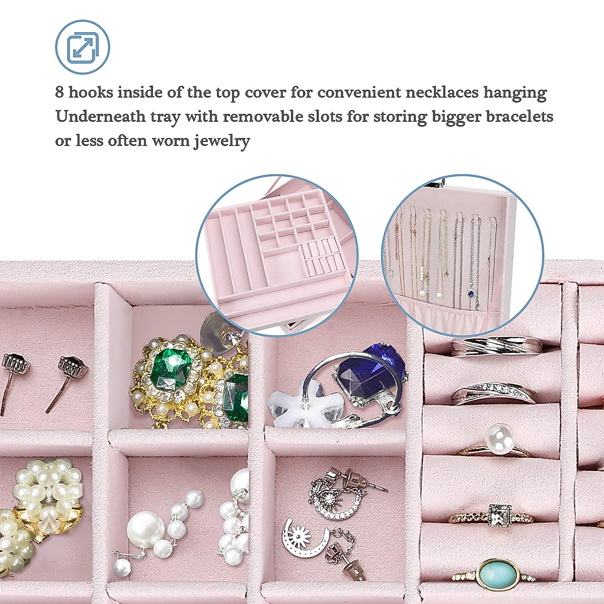 ProCase Velvet Jewelry Box Organizer for Women, 2 Layer Jewelry Display Storage Holder Case for Necklace Earrings Bracelets Rings -Pink