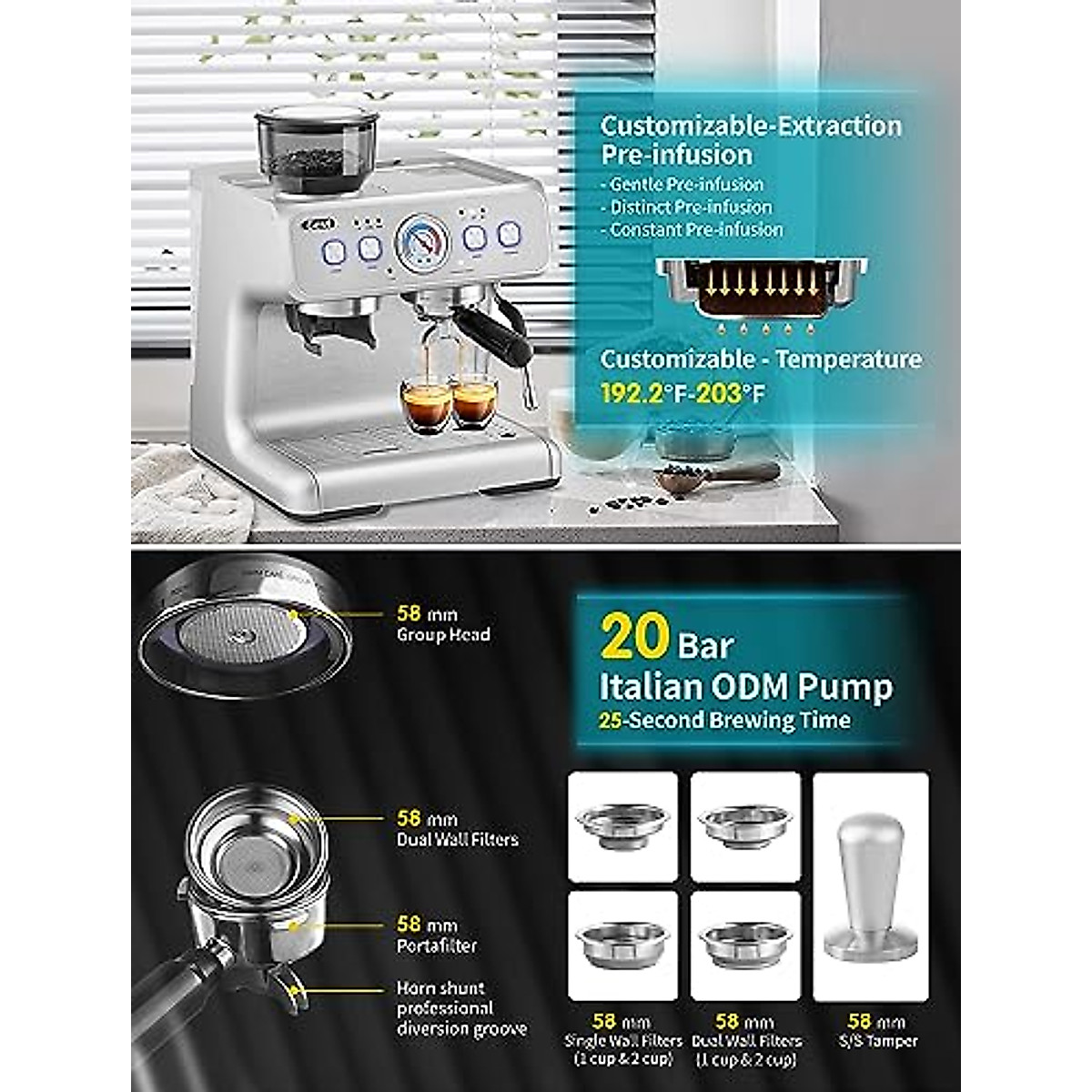 Gevi 20Bar Semi Automatic Espresso Machine With Grinder & Steam Wand – All in One Espresso Maker & Latte Machine for Home Dual Heating System