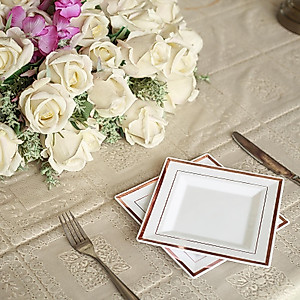 Tableclothsfactory 20 Pack 7" White Disposable Plates Square Plastic Plates Salad Dessert Plates With Shiny Rose Gold Rim For Weddings
