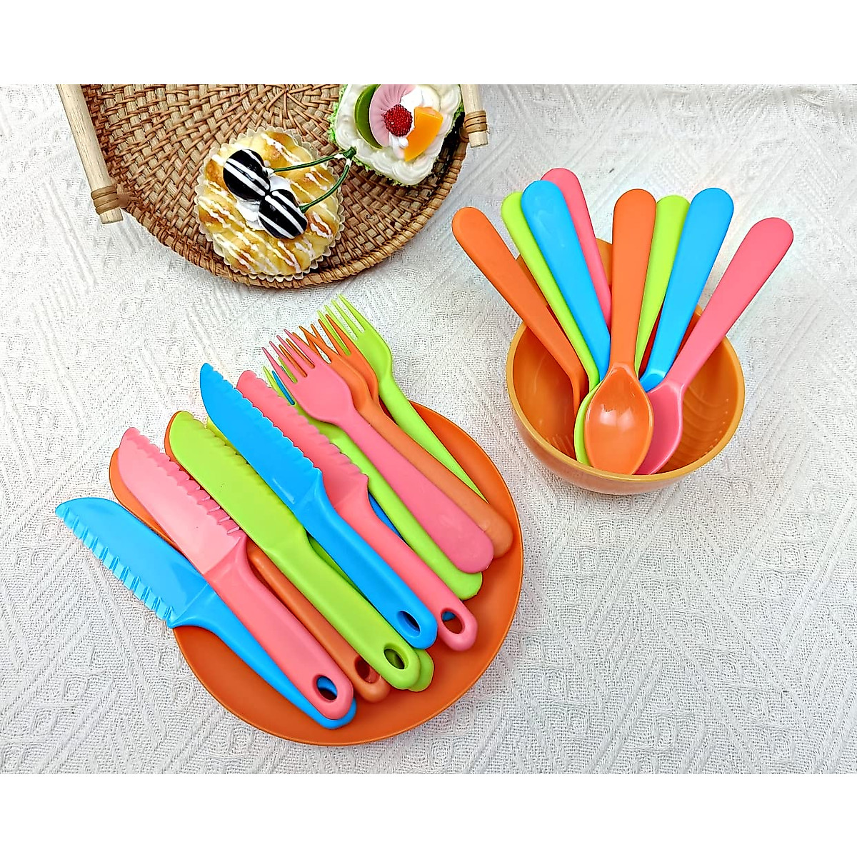 Kids Cutlery Set - Jawbush 9 Pcs Plastic Toddler Utensils with Nylon Knives Forks and Spoons for School Lunch Box, Multi-colored Kids Silverware Set, BPA Free Dishwasher Safe