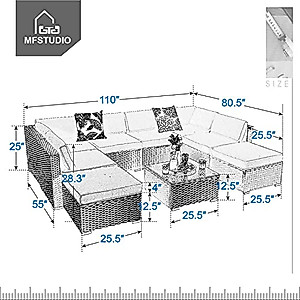 MFSTUDIO 9 Piece Patio Furniture Set,Outdoor Sectional Sofa Conversation Set with Upgrade Brown Rattan Wicker,Blue Removable Cushion&Coffee Table,Low Back Design