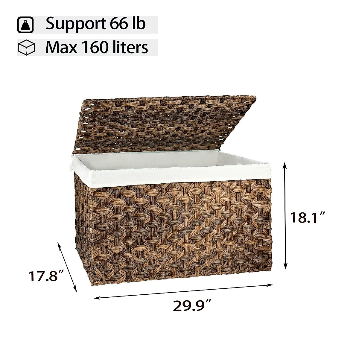 MOORLITER Wicker Storage Basket with Lid, 42.3 Gallon (160L) Large Blanket Basket with Lid, Woven Storage Bin with Handles, Removable Liner, Metal Frame, Foldable, for Bedroom, Laundry Room, Brown