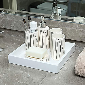 LUEUR 5 Pieces Ceramic Bathroom Accessories Set Includes Soap Dispenser, Soap Dish, 2 Tumblers, Divided Toothbrush Holder w/ Striped Line Printed