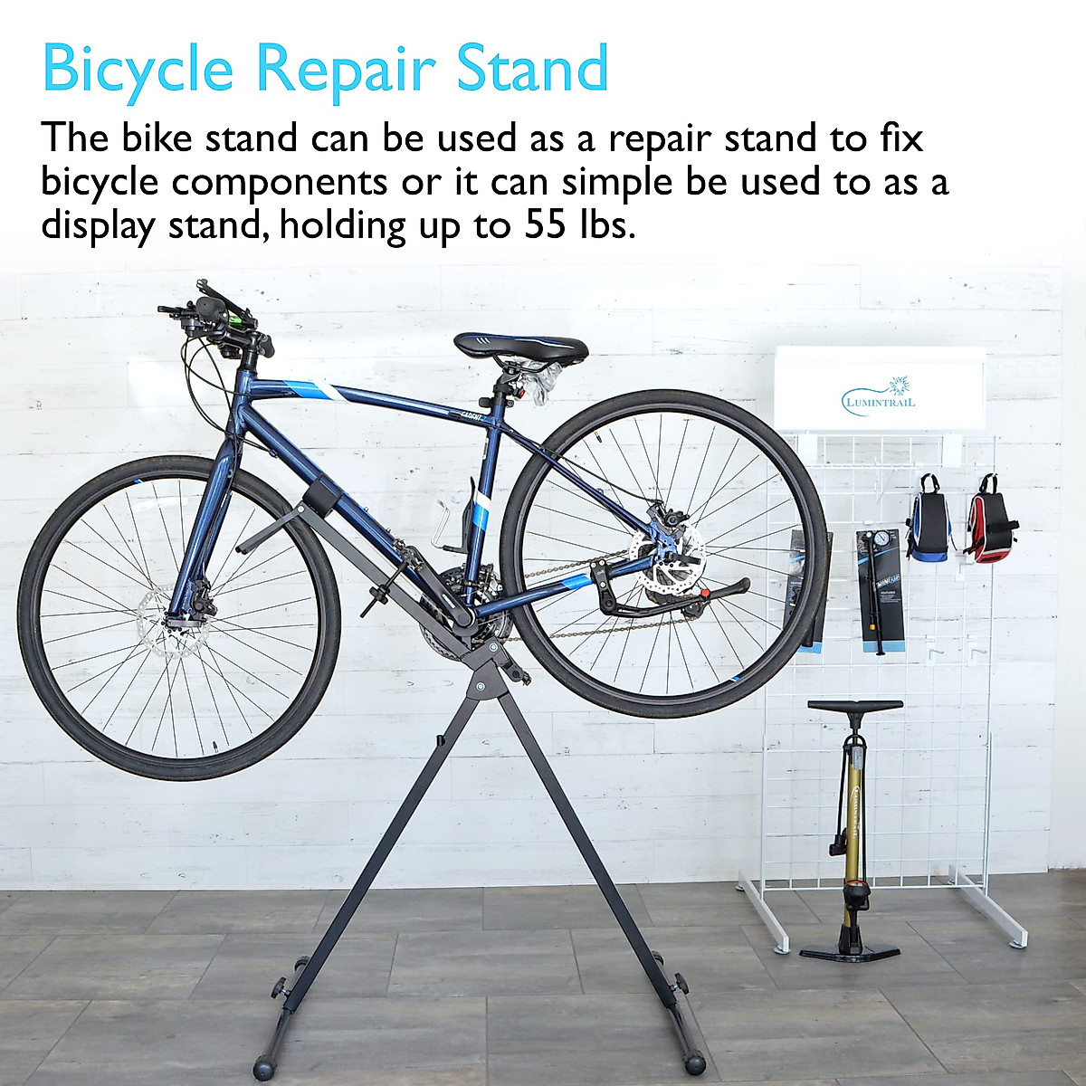 Lumintrail Bicycle Repair Stand with Tool Tray for Home Mechanics (Max 55 lbs), For Road Bikes, Foldable & Portable Design