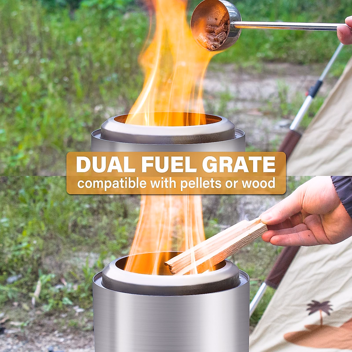 HGD 9.5 x 7.1 in Small Tabletop Fire Pit, Portable Mini Smokeless Table Top Firepit, Low Smoke Camping Stove for Outdoor & Patio, Fueled by Pellets or Wood, with Travel Bag, Stainless Steel, Silver