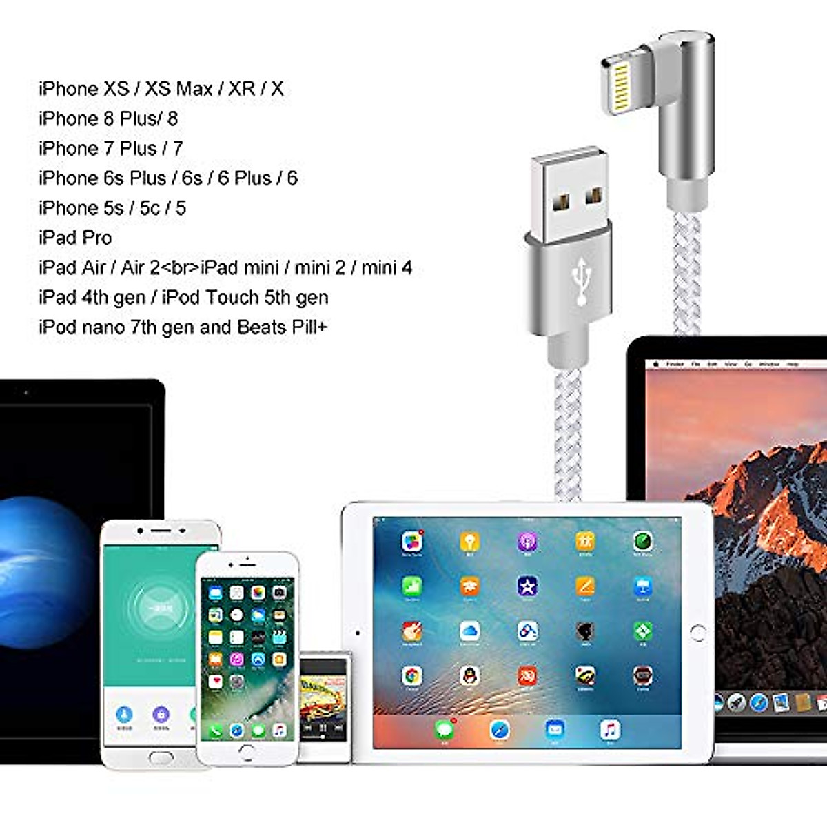 Quickeep Lightning Cable 10ft 90 Degree iPhone Charger 3 Pack Right Angle iPhone Charging Cable Durable Nylon Braided Sync Fast Charger Cord Compatible with iPhone 14/13/12/11/Xs/XR X/8/7 (Silver)