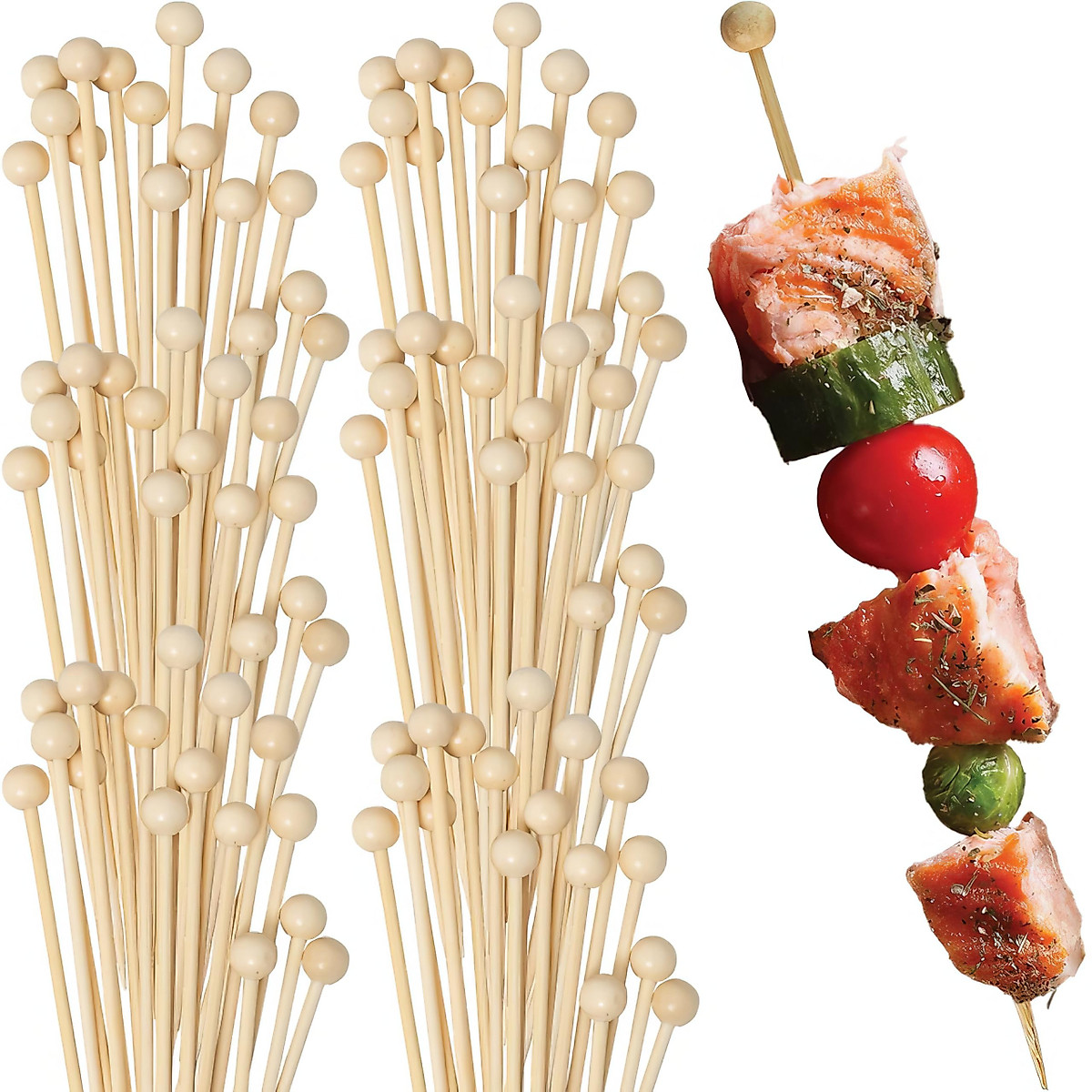 Eco-friendly Natural Wooden Ball Food Picks - 4.7" (Pack of 100) - Sustainable Skewers And Bamboo Picks for Fruits, Appetizers, & Cocktails For Parties, Casual Dining & More