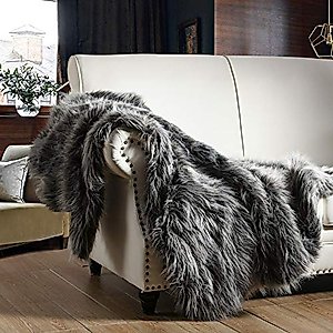 Luxury Faux Fur Throw Blanket, Grey and Black High Pile Mixed Throw Blanket, Super Warm, Fuzzy, Elegant, Fluffy Decoration Blanket Scarf for Sofa, Couch and Bed, 50''x 60''