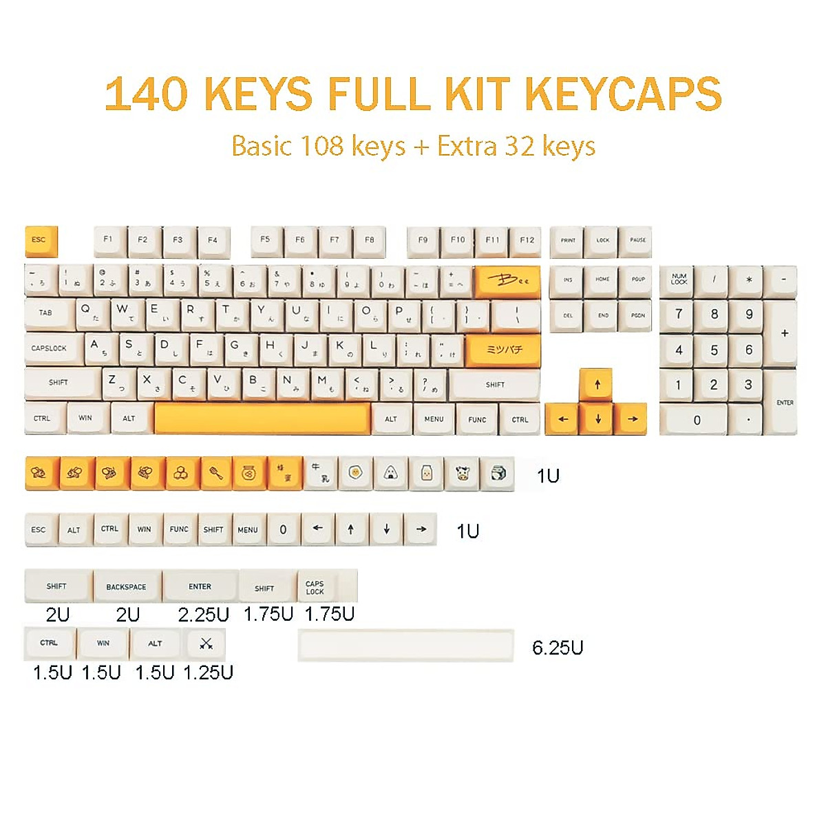 PBT Keycaps 140 Keys XDA Profile Keycaps Dye-Sublimation Japanese Honey Milk Keycap，ANSI Layout Keycap Suitable for Mechanical Gaming Keyboard Gateron Kailh Cherry MX Switches (Keycaps only)