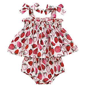GRNSHTS Baby Girl Summer Shorts Set Strawberry Print Sling Ruffle Shirt Diaper Shorts 2Pcs Outfits (Strawberry, 0-6M)