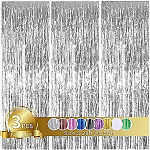 3Pcs Silver Metallic Tinsel Foil Fringe Curtains,3.28ft x 6.56ft Silver Photo Booth Backdrop Streamer Curtain,Photo Booth Props,Ideal for Bachelorette,Birthday,Christmas,New Year Party Decorations