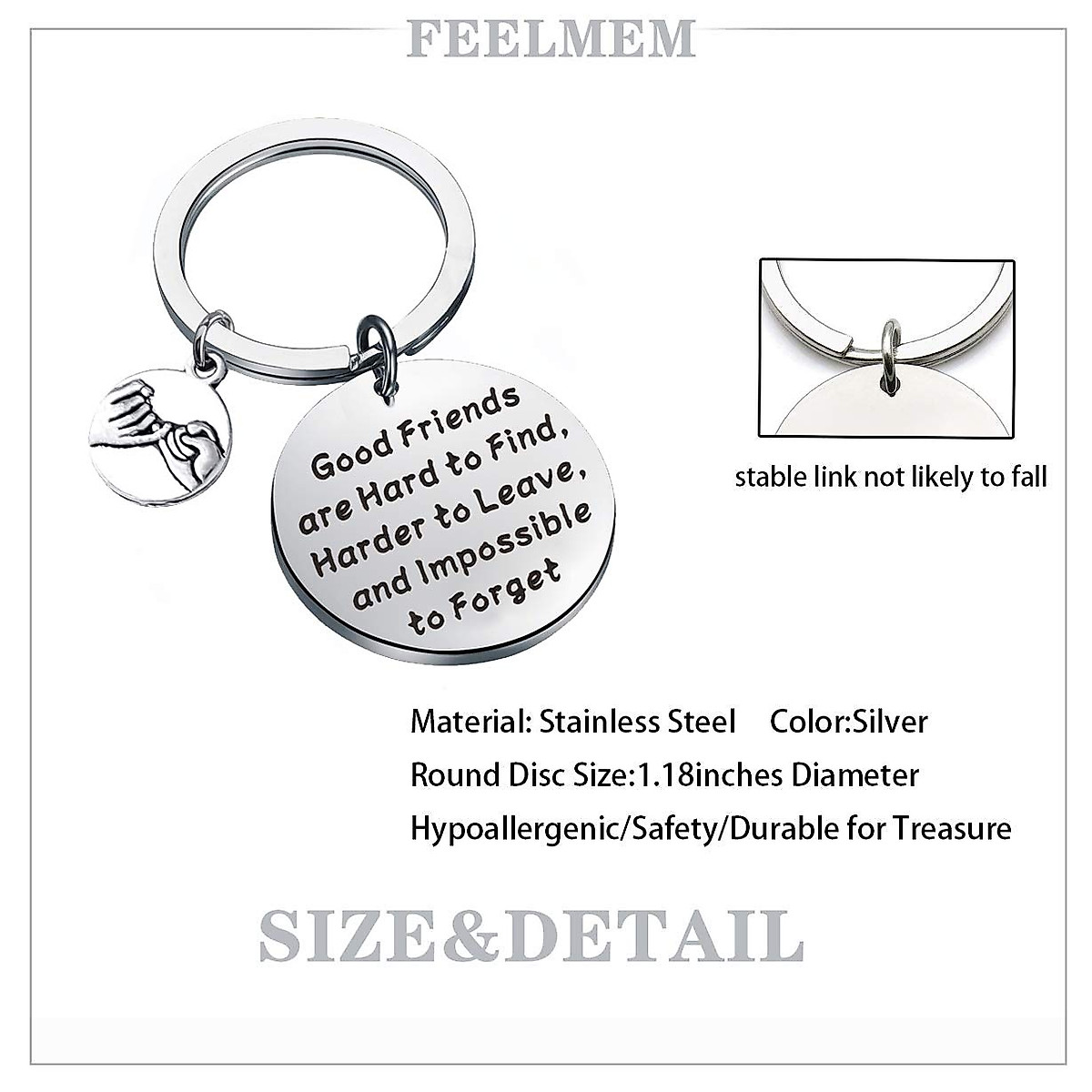 FEELMEM Going Away Gift Friendship Keychain Best Friend Gift Good Friends Are Hard to Find Harder To Leave Impossible To Forget Keychain Long Distance Relationship Gifts BFF Jewelry (silver)