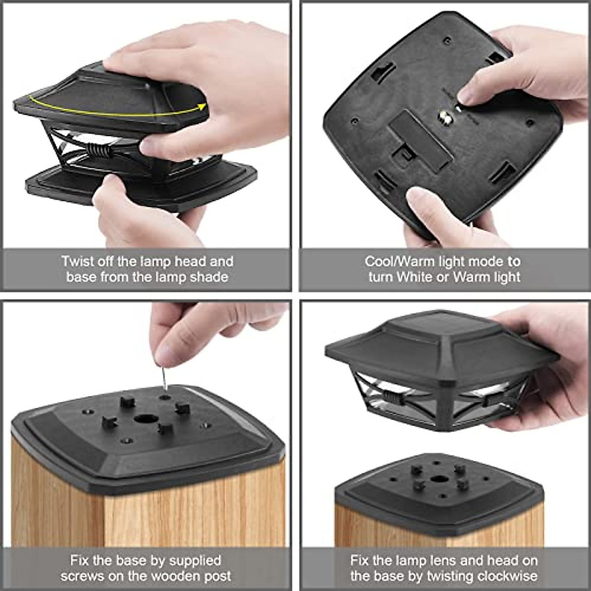 SMY Lighting Solar Post Lights Outdoor 2 Modes LED Solar Fence Cap Light for 4x4 5x5 6x6 Posts Deck Patio Garden Decoration Warm White/Cool White Lighting Black (4 Pack)