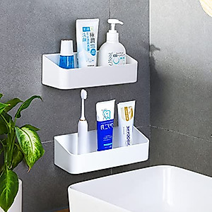 KATEI STORY Set of 2 Shower Caddy Adhesive Bathroom Shelf Organizer Wall Mounted Storage Rack No Drilling Shower Shelf Bath Essentials Shampoo Spice Holder Clear Adhesives White