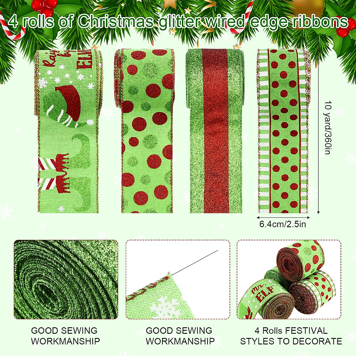 Lyrow 40 Yards Christmas Glitter Wired Edge Ribbon Xmas 2.5 Inch Polka Dot Green Red Elf Hat Craft Ribbon Burlap Decorative Ribbon for Christmas Tree Wreath Wrapping DIY Craft Gifts