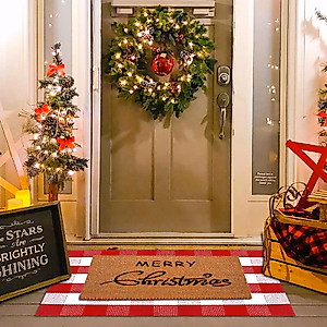 Christmas Door Mat Combo Set - 100% Coco Coir Welcome Mat + 28 x 43 Inch Red and White Plaid Rug, Christmas New Year Holiday Collection Doormat for Front Porch Entryway Decorative