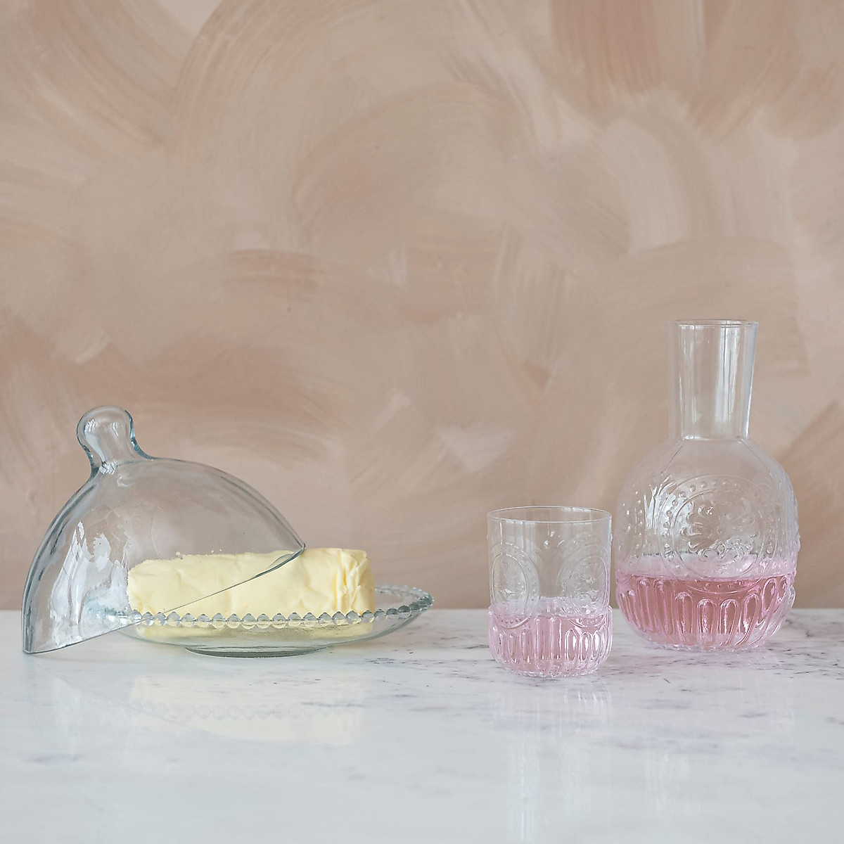 Creative Co-Op Glass Cloche and Hobnail Edge Tray, Clear