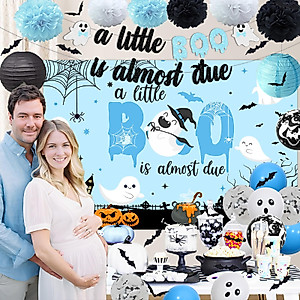 JOYMEMO Halloween Baby Shower Decorations Boy - A Little Boo is Almost Due Backdrop with Banner Blue and Black, Paper Lanterns Pom Poms, Bat Wall Stickers for Pregnancy Celebration Newborn Party