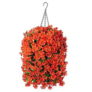 Ammyoo Artificial Hanging Violet Flowers with 12 Inch Basket for Outdoors Indoors Courtyard Decor,Fake Vine Plant in Coconut Lining Hanging Basket for Porch Deck Spring Decor(Orange)