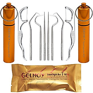Toothpicks Pocket Set, Dental Floss Picks Kit Reusable, Stainless Steel Teeth Cleaning Tools, Flossers for Adults, Tooth Picker Oral Hygiene Travel (2 Set)