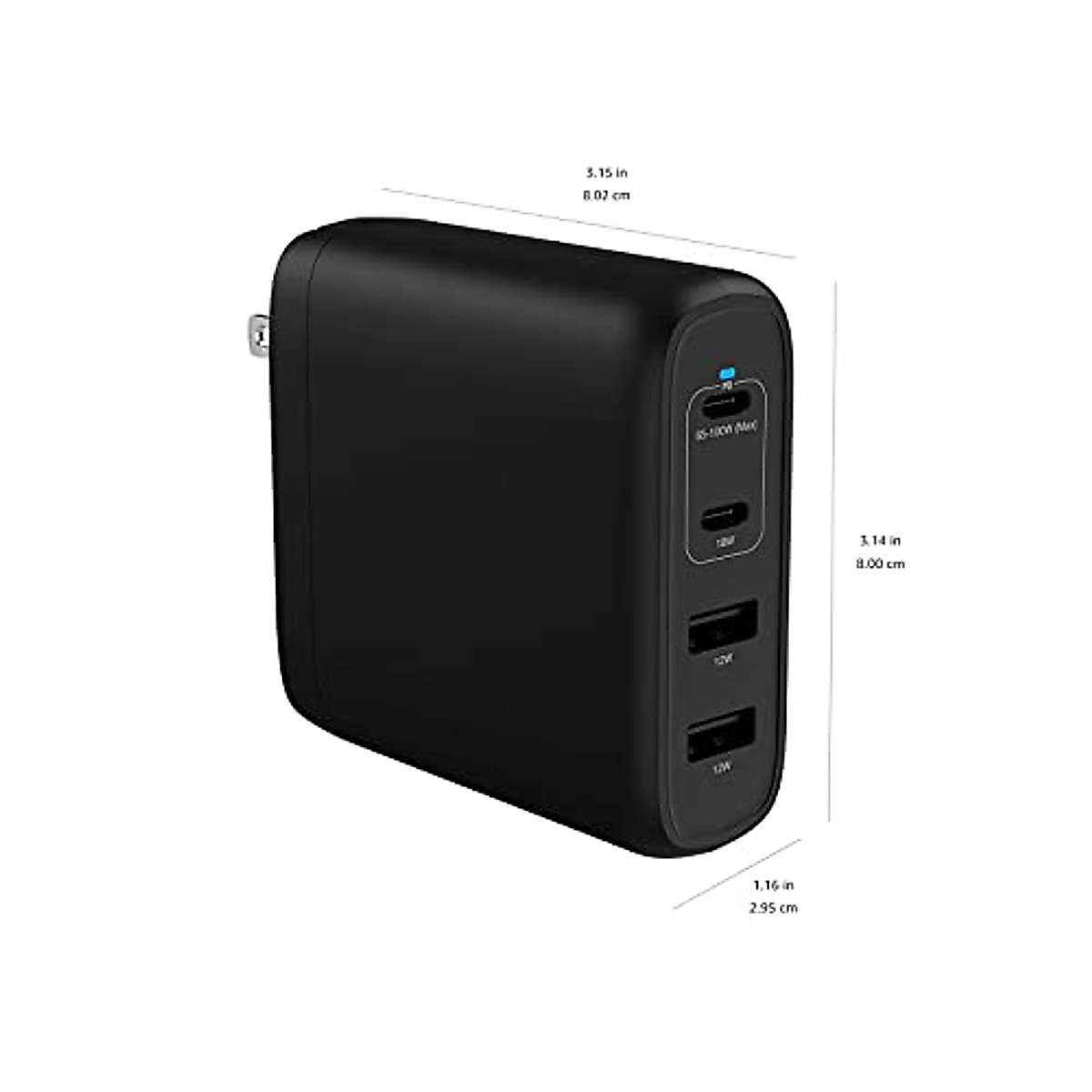 Amazon Basics 100W Four-Port GaN Wall Charger with 2 USB-C Ports(65W+18W)&USB-A Ports (17W) with Power Delivery PD for Laptops,Tablets & Phones (iPhone14/13/12/11/X,iPad,MacPro,Samsung)Black (non-PPS)