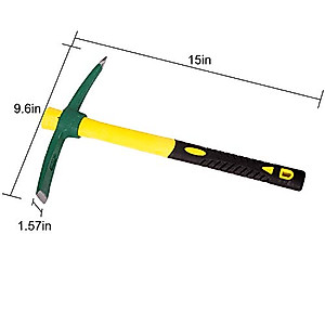 KINJOEK Pick Mattock Hoe, Forged Weeding Garden Pick Axe with 15 Inch Fiberglass Handle for Loosening Soil, Gardening, Camping or Prospecting