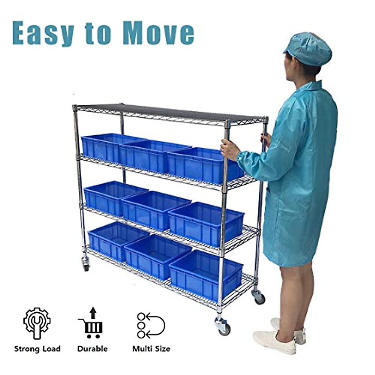 5-Shelf Shelving Storage Units on Wheels Heavy Duty Steel Shelf Wire Rolling Shelving Organizer Rack with Lockable Casters for Restaurant, Warehouse, Home, Organization (59.06" x 17.72" x 70.87")