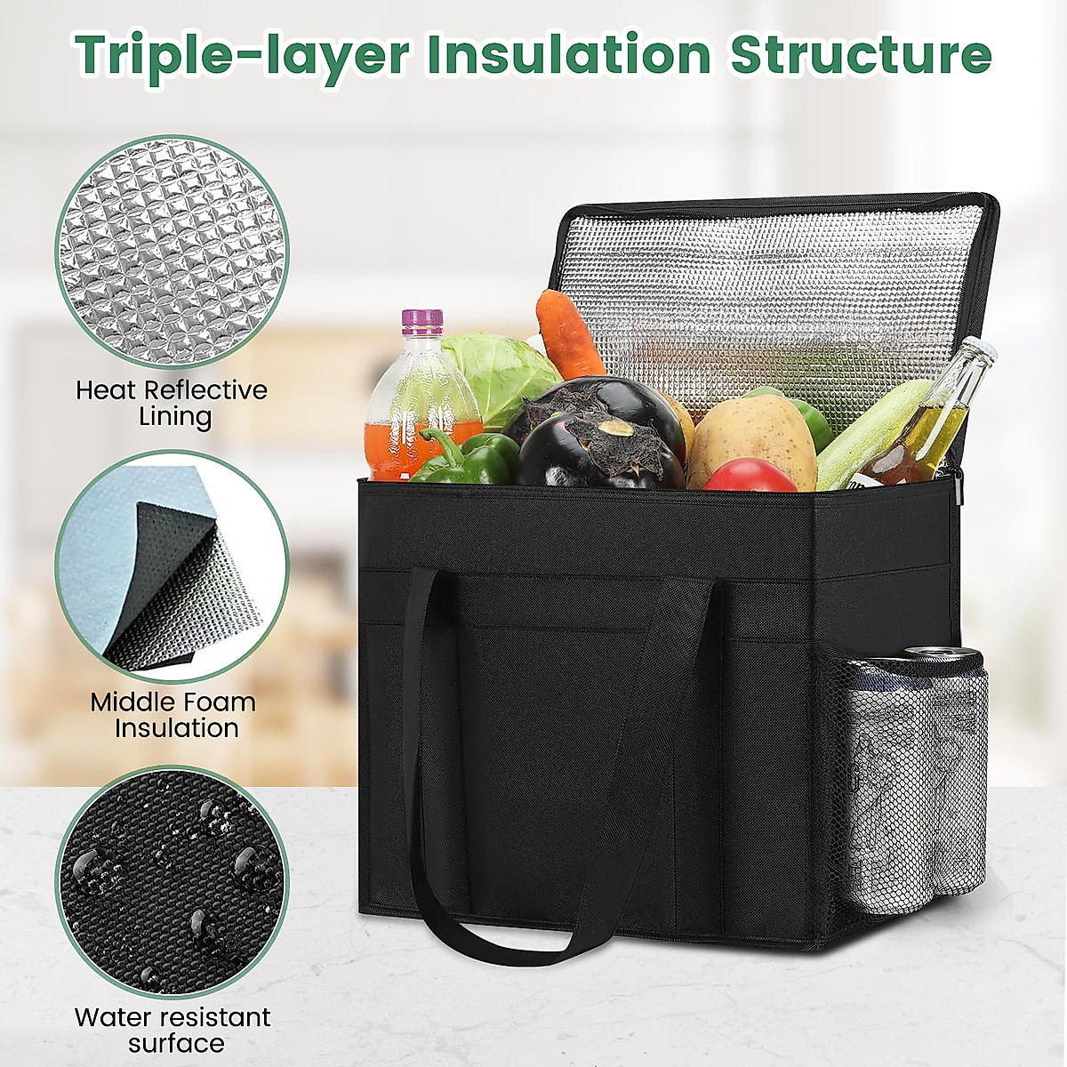 Carbrea Insulated Reusable Grocery Bags - 2 Pack Foldable Cooler Bag Shopping Bags with Side Mesh Pocket Food Delivery Bag for Men Women Storage Shopping Picnic - Black