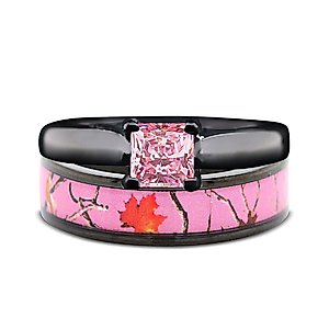 Pink Women`s Black Titanium Camo and Stainless Steel Princess Engagement Wedding Rings Set (7)