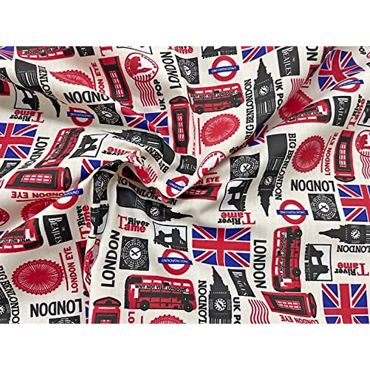 AMORNPHAN 45 Inch London British Big Ben Bus Great England United Kingdom UK England Flag Country Printed Cotton Fabric for Patchwork Needlework DIY Handmade Sewing Crafting Home Decoration For 1 Yard