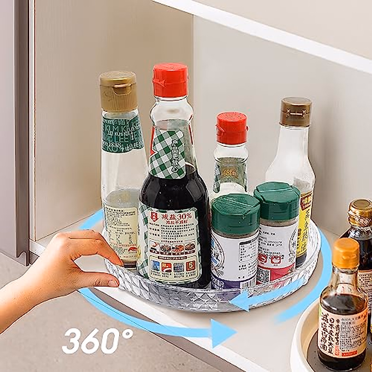 Lazy Susan Organizer with Handle, 11 Inch Lazy Susan Turntable for Bathroom Dresser, Round Spinning Organizer for Makeup Perfume Spices Counter (9" Clear White)