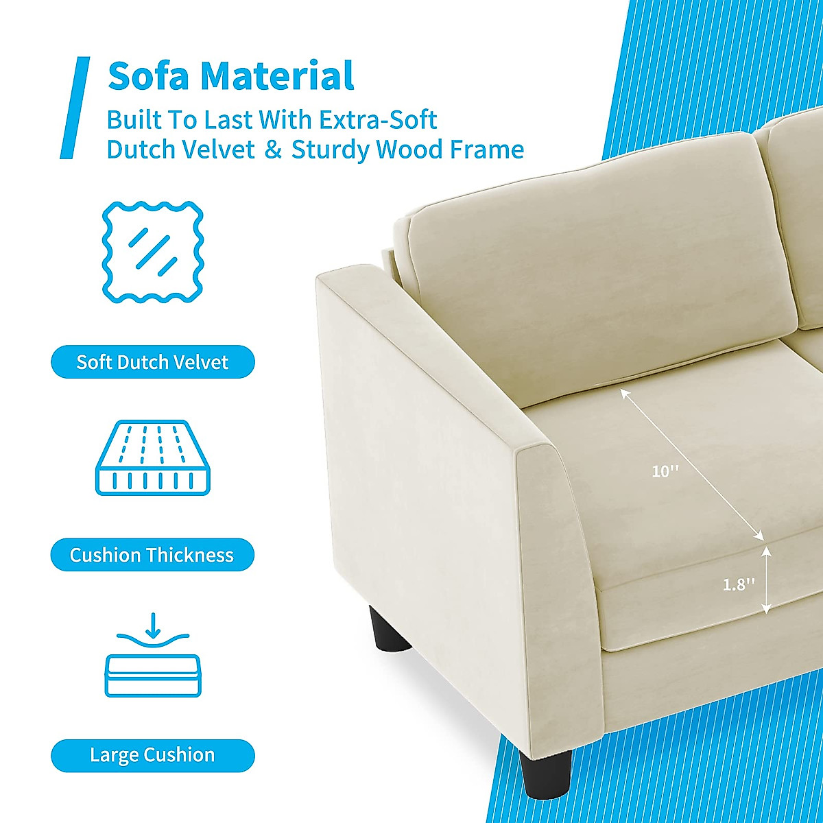 Mjkone Convertible Sectional Sofa Couch, 86'' W Velvet Sofas for Living Room, L Shaped Couches with Reversible Chaise, Couch Office/Bedroom/Living Room (Beige) Creamy White