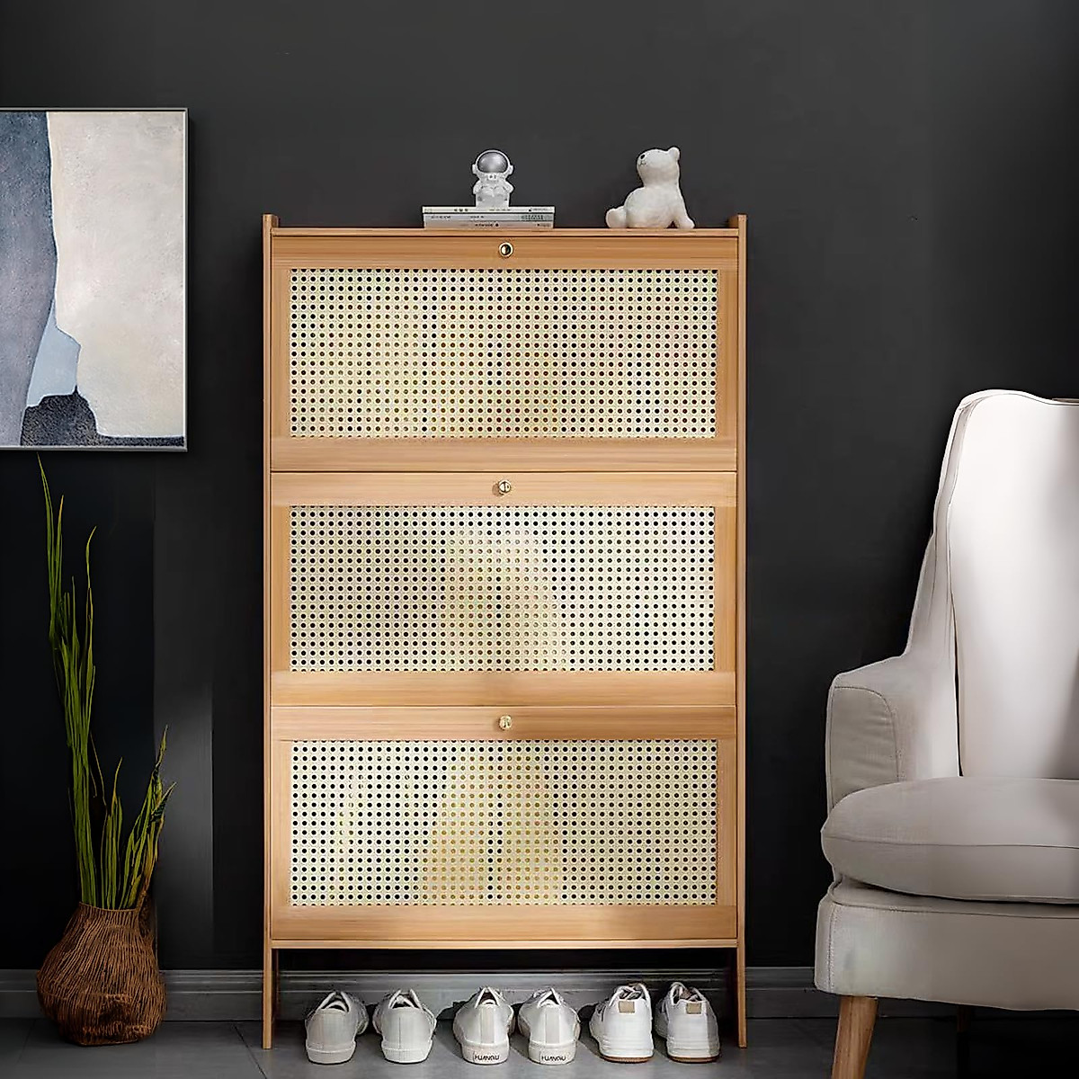 Magshion Narrow Shoe Cabinet for Entryway Slim Thin Bamboo Freestanding Shoe Storage with Flip Drawers for Hallway, Living Room, Bedroom (Natural, 47.5" x 27" x 7")