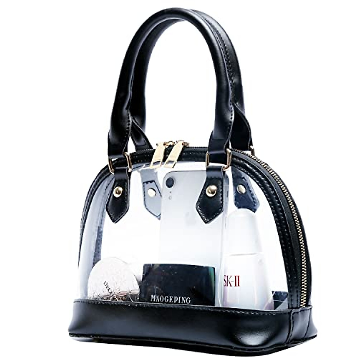 KKXIU Elegant Clear Crossbody Satchel Purse and Handbag Stadium Approved Vegan Leather Concert Bag for Women and Teen Girls (Black)