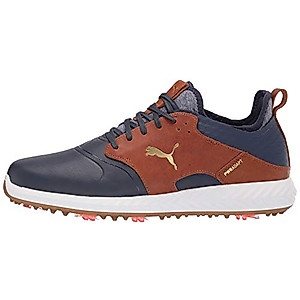 PUMA mens Ignite Pwradapt Caged Crafted Golf Shoe, Peacoat-leather Brown-puma Team Gold, 9.5 US