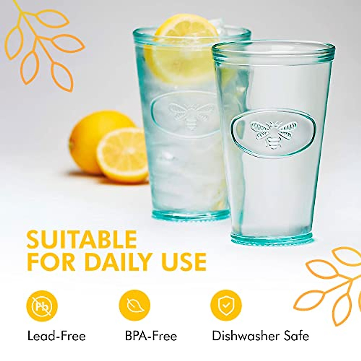 Amici Home Bee Hiball Glass | 16 Oz | Italian Made, Recycled Glass with Green Tint | Drinking Glass with Embossed Bee Design for Water, Juice, Cocktails (Set of 6)